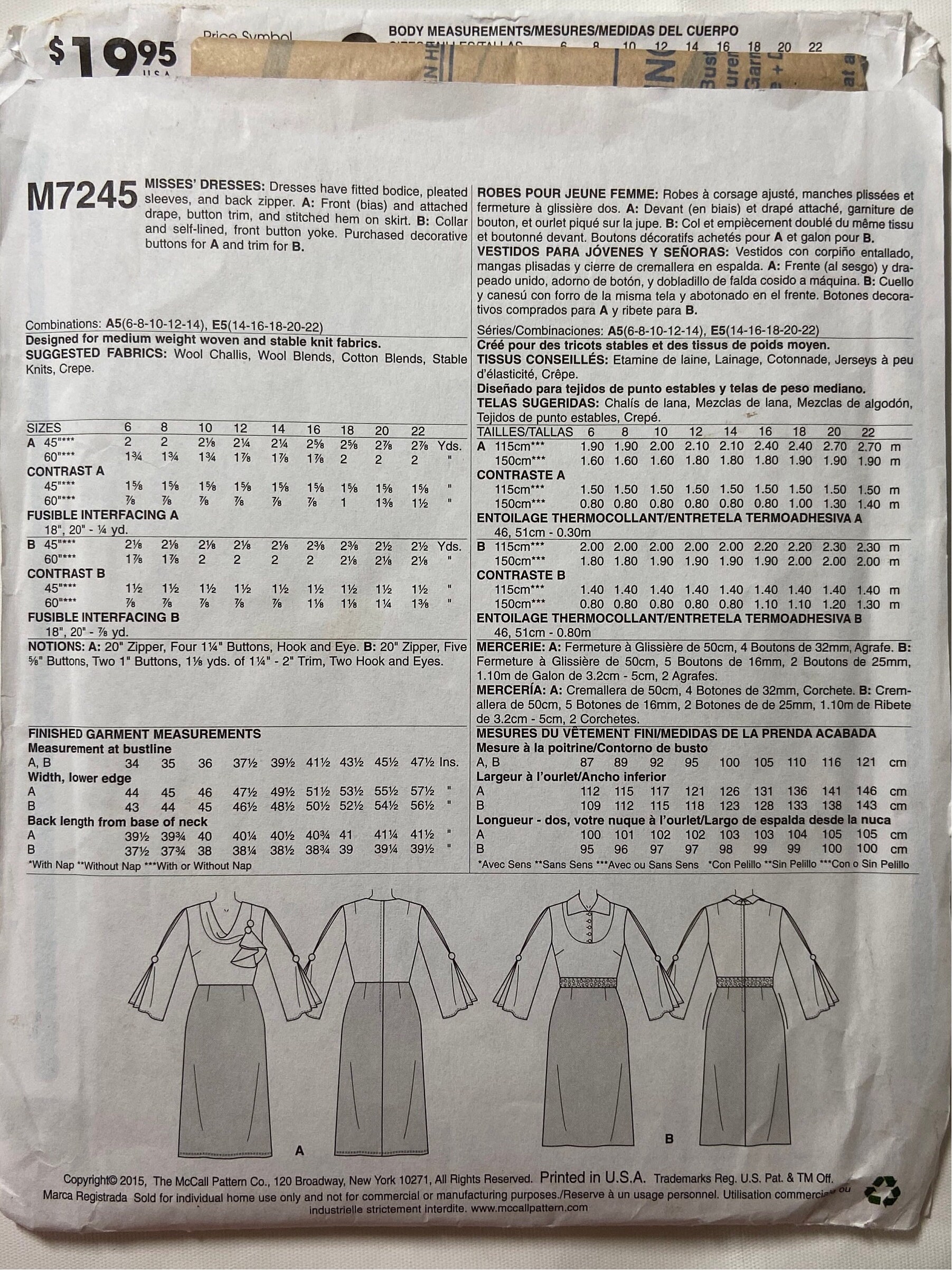 Mccall's 7245 Women's Sewing Pattern Dresses 6 - 14 UNCUT - Etsy