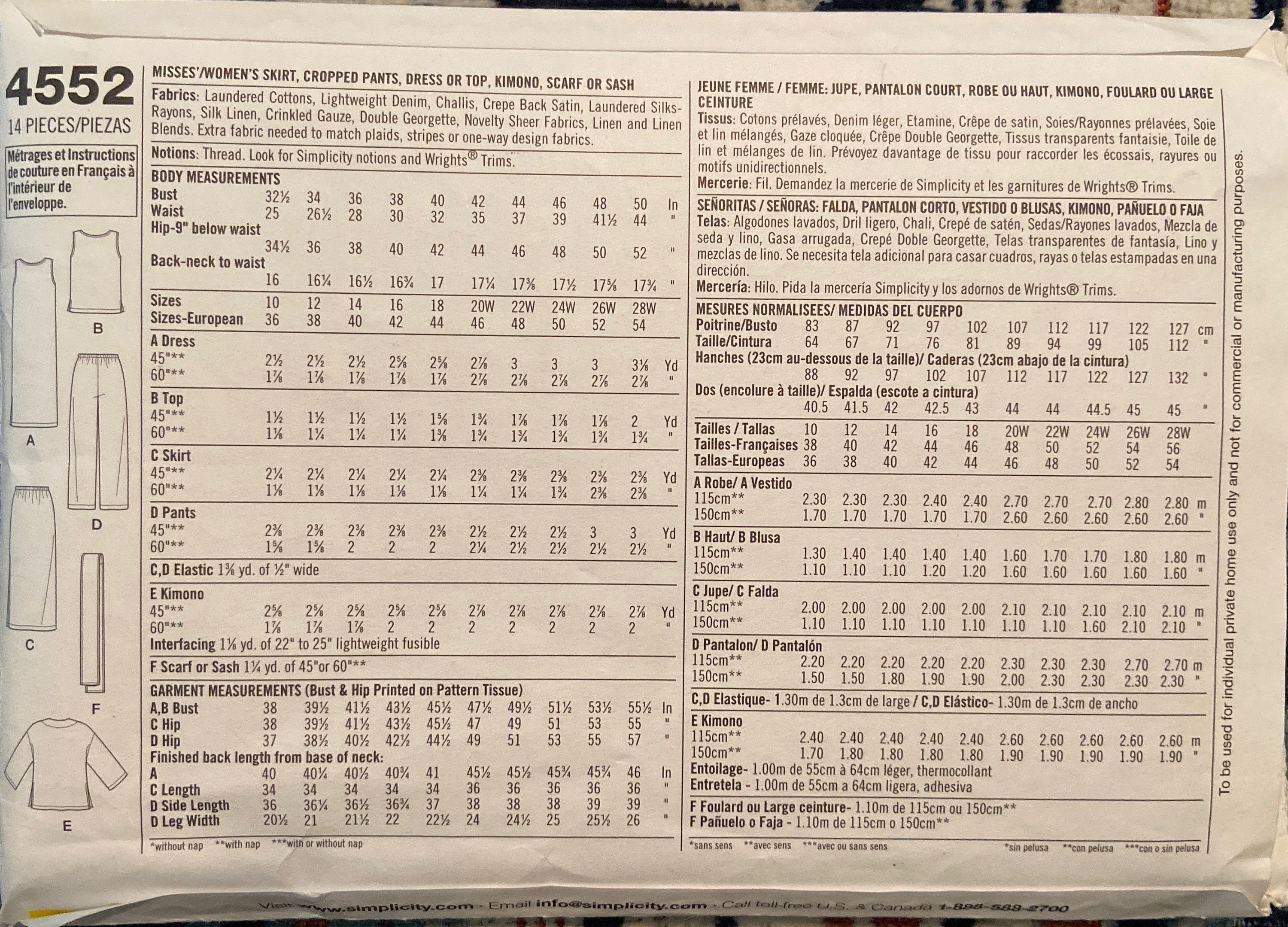 Simplicity 4552 Women's Sewing Pattern Skirt Cropped Pants Dress Top ...