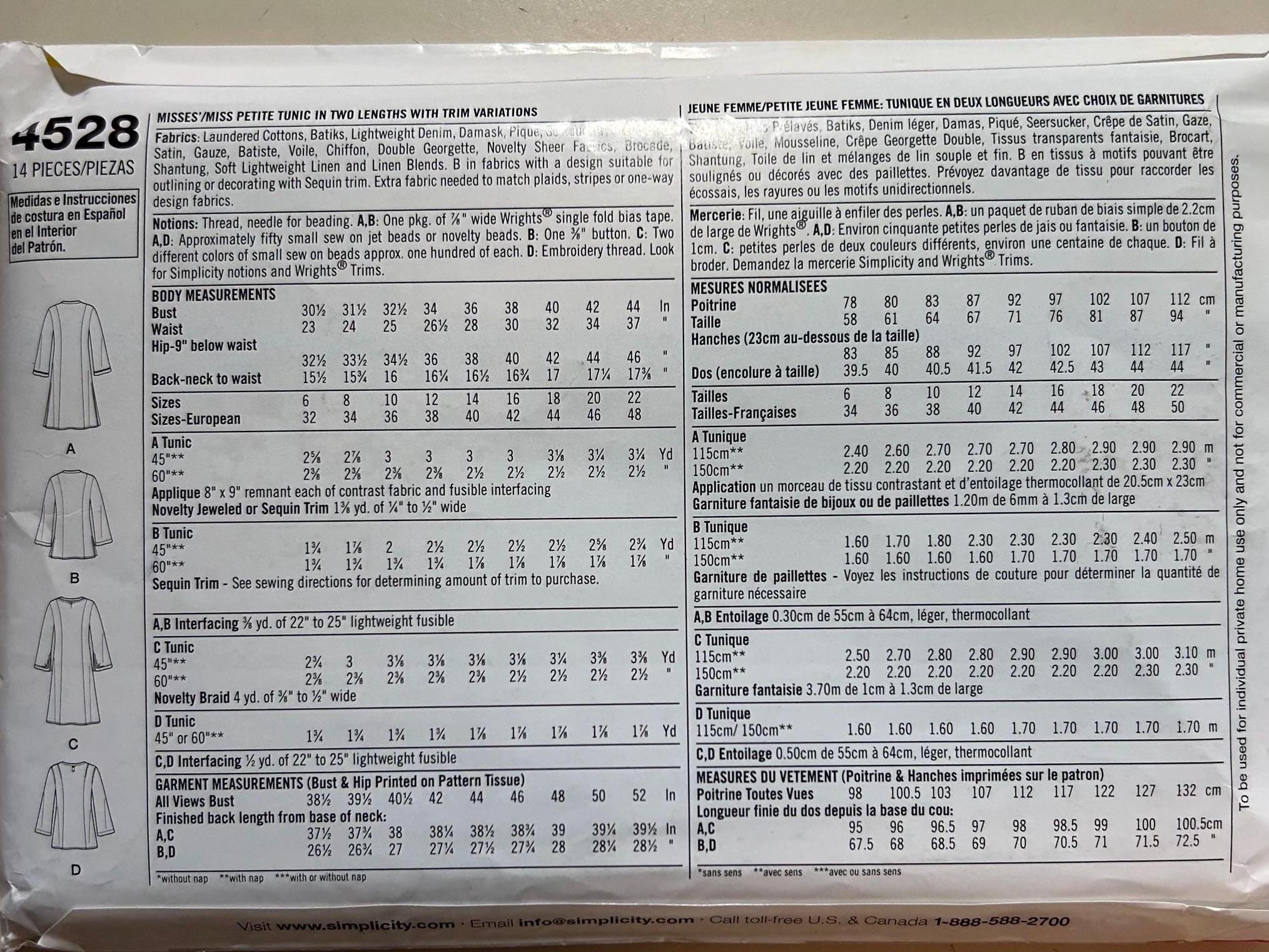 Simplicity 4528 Women's Sewing Pattern Petite Tunic Two Lengths 14 22 ...