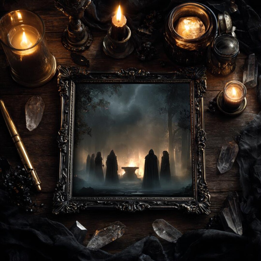 Whimsical Witch Coven Around Fire, Enchanted Magic Ritual Art Print ...