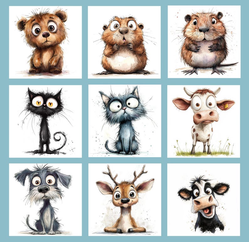 Watercolor Funny Animal Clipart Bundle | 30 PNG Cute Critters | Funny ...