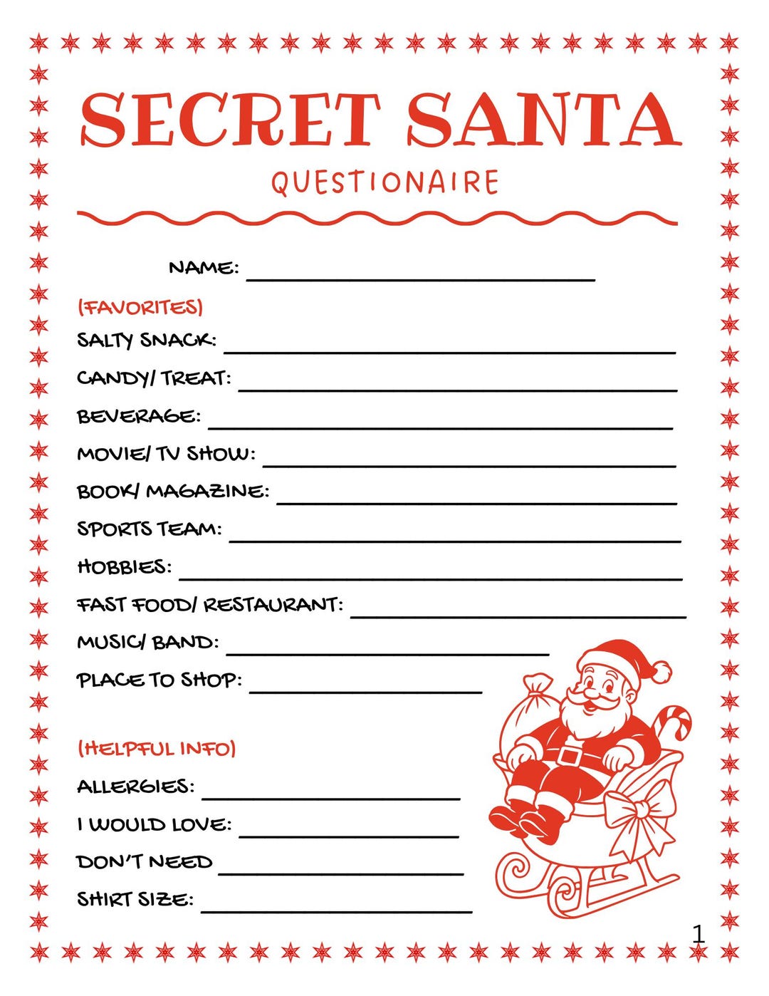 Secret Santa Questionaire (printable) - Etsy