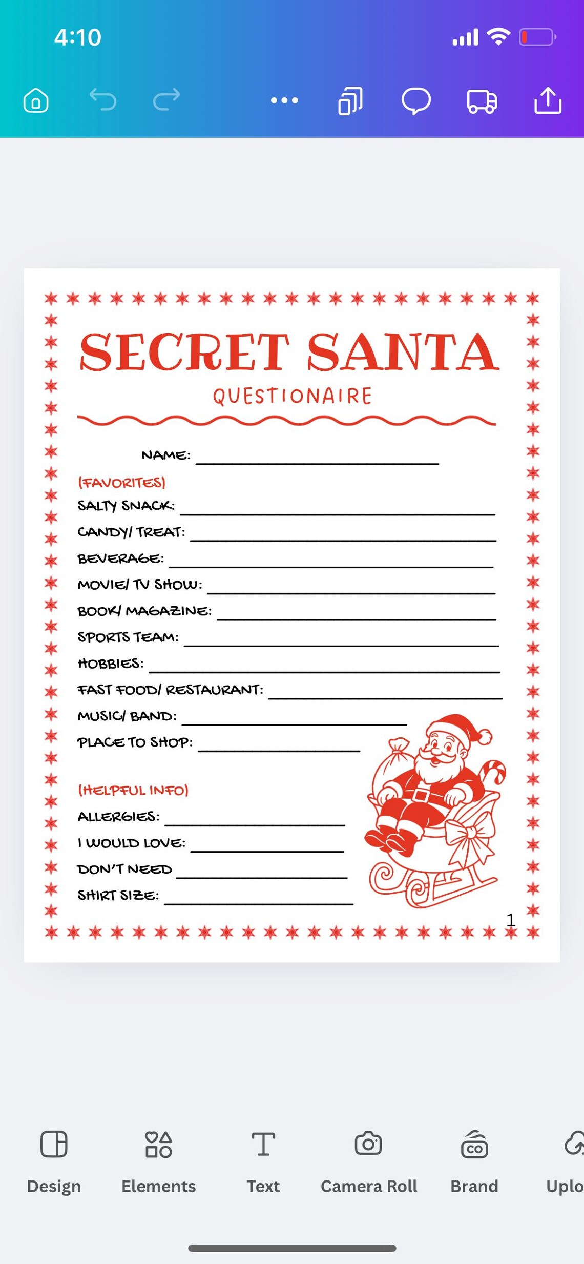 Secret Santa Questionaire (printable) - Etsy