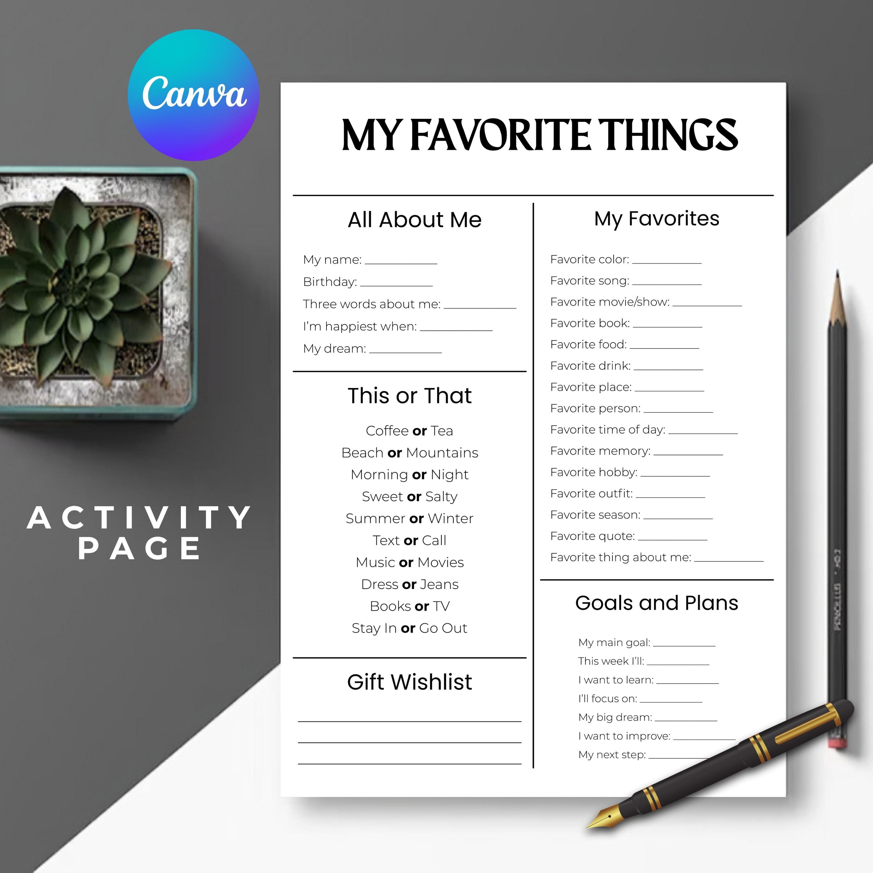 Favorite Things Survey Questionnaire Printable, Editable All About Me ...