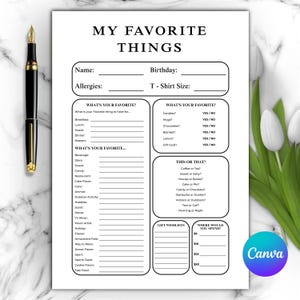 Editable Favorite Things Survey: All About Me Printable (PDF Download ...