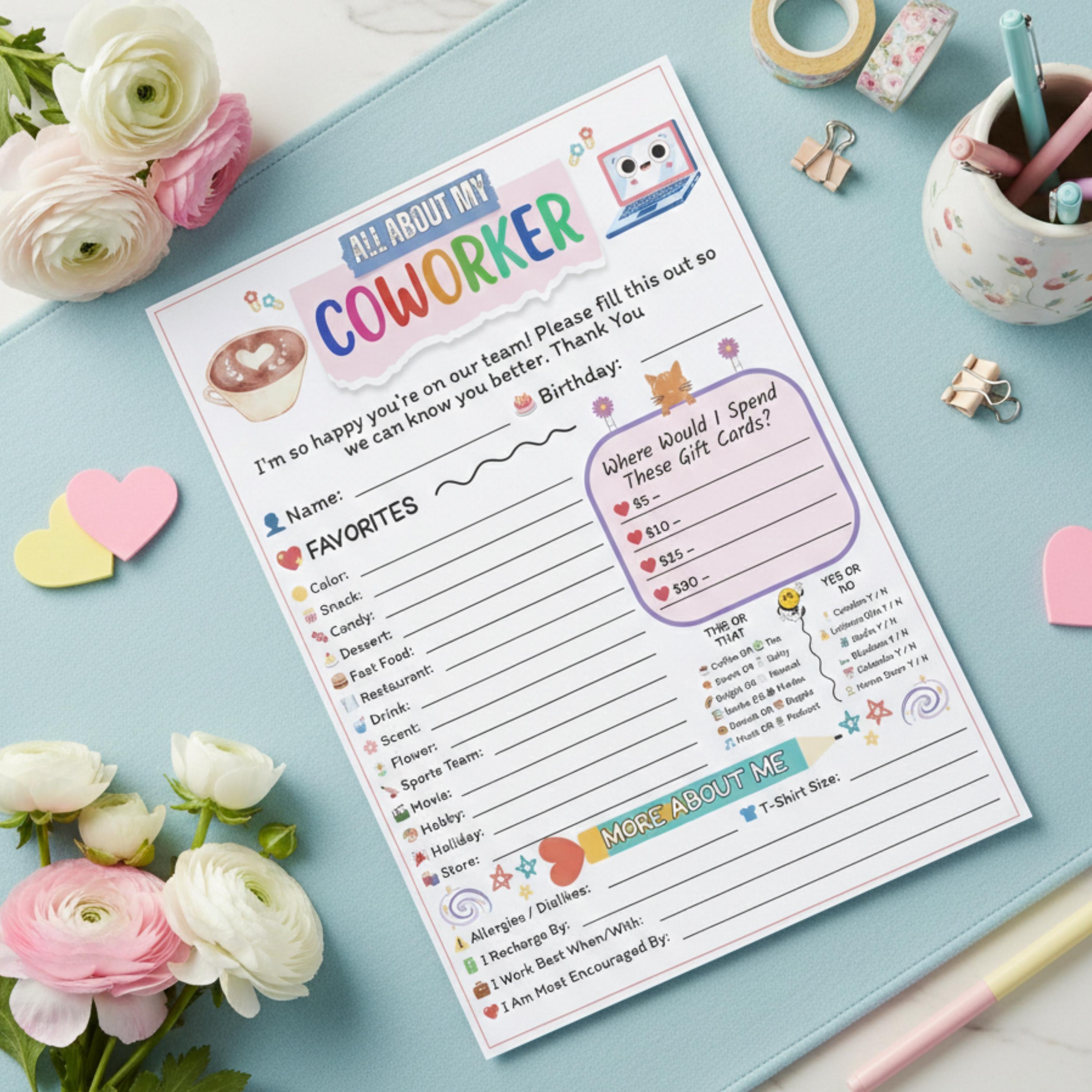 Printable Coworker Favorites Questionnaire, Staff Appreciation Survey ...