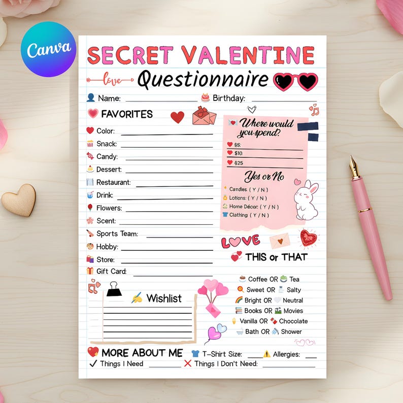 Secret Valentine Questionnaire Printable, Favorites & Wishlist Form ...