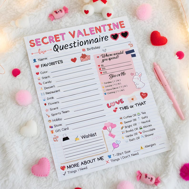 Secret Valentine Questionnaire Printable, Favorites & Wishlist Form ...
