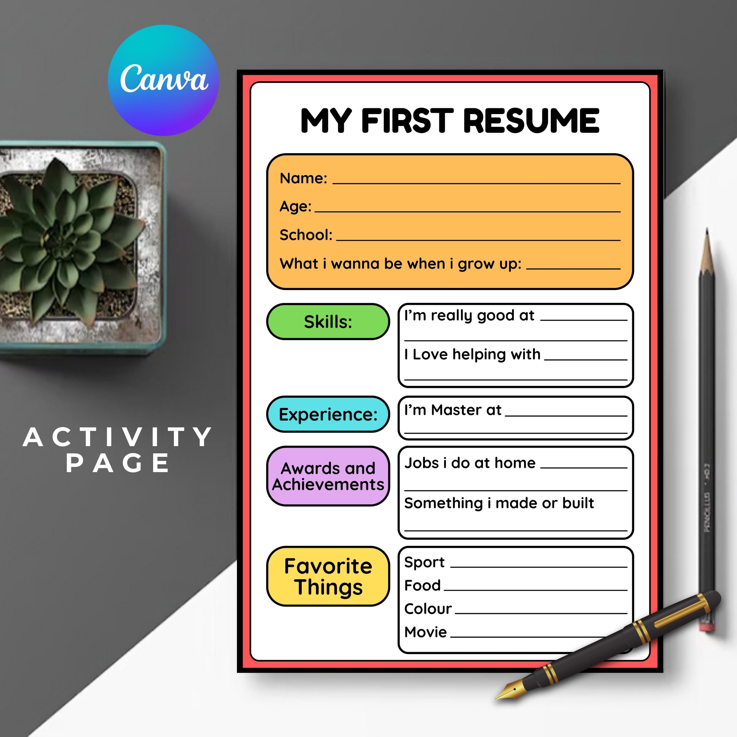 Kids' First Resume Template: Editable Canva Worksheet, Student Career ...