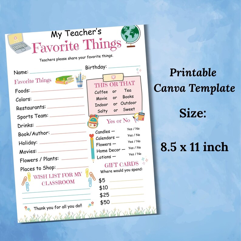 Editable Teacher Favorite Things Template, Printable Teacher Survey ...