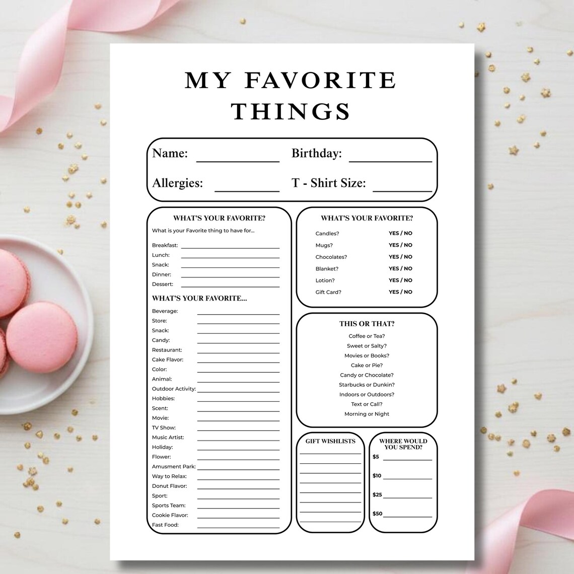 My Favorite Things Survey Printable, Employee Favorites List ...
