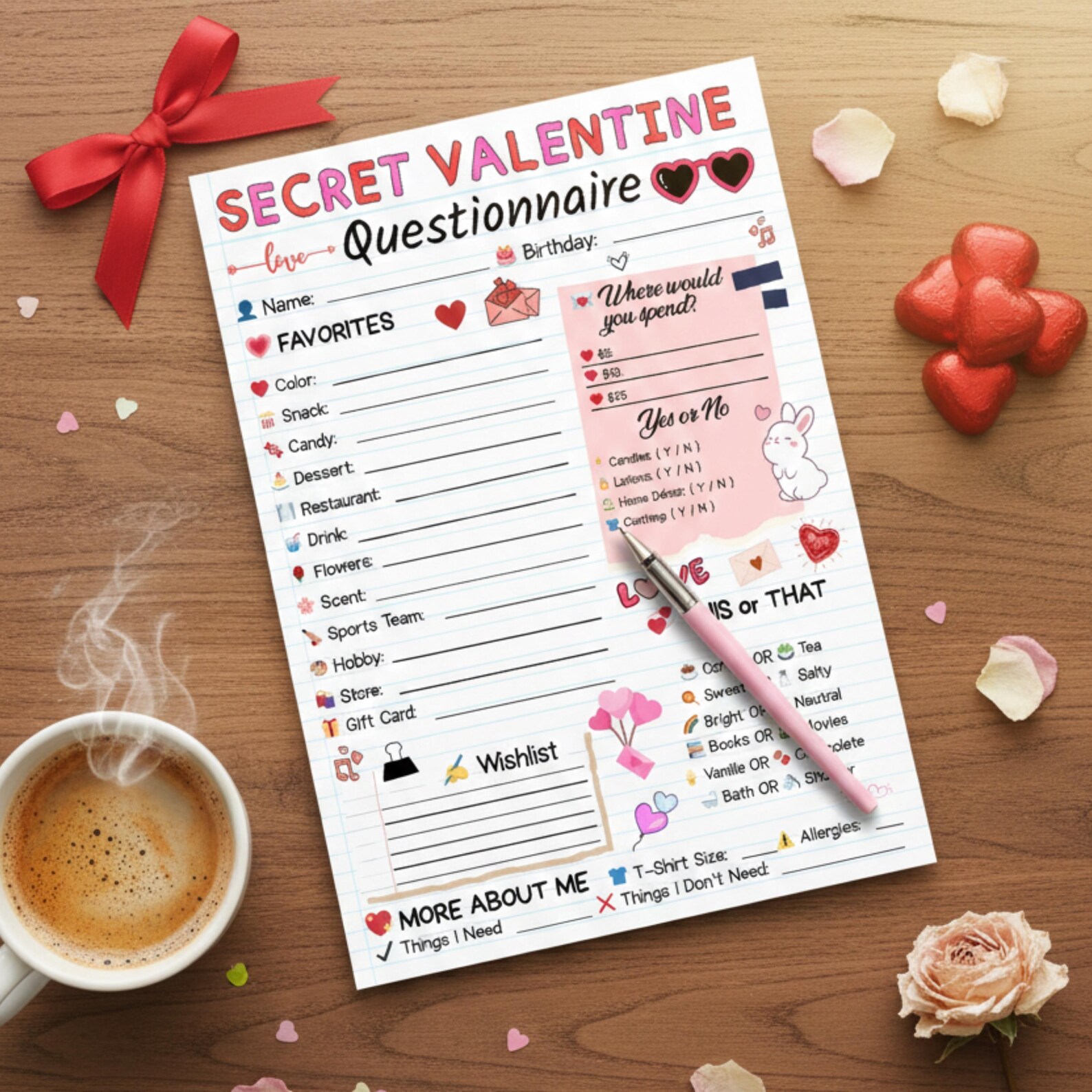 Secret Valentine Questionnaire Printable, Favorites & Wishlist Form ...