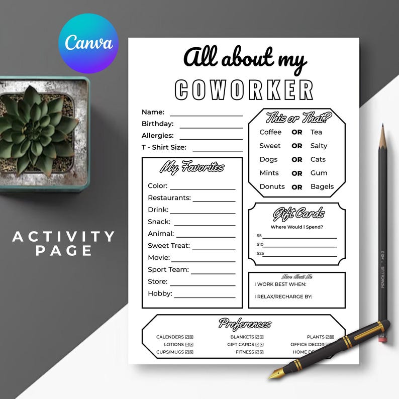 Coworker Info Sheet: Team Building Questionnaire (PDF Printable ...