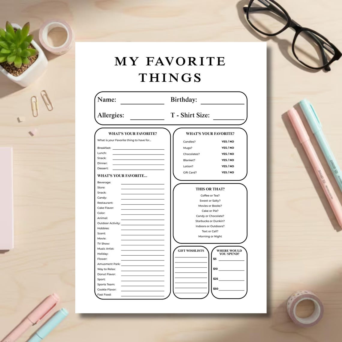 My Favorite Things Survey Printable, Employee Favorites List ...