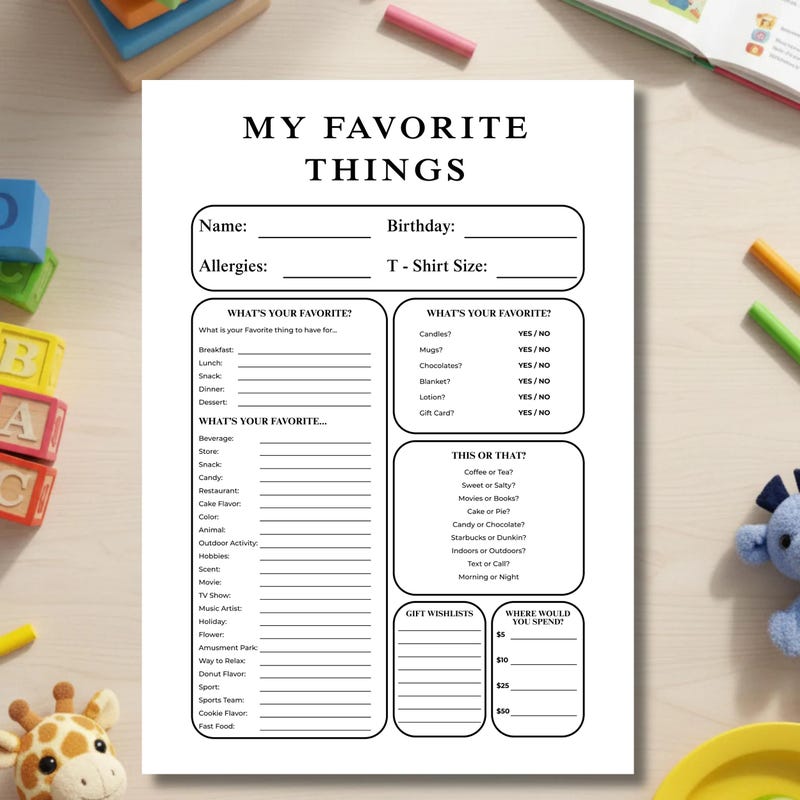 Printable Favorite Things List for Coworkers - Etsy