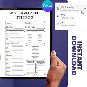 Editable Favorite Things Survey: All About Me Printable (PDF Download ...