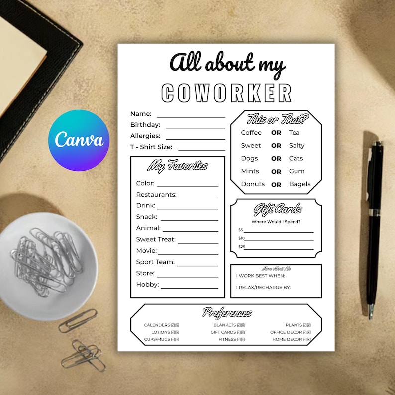 Coworker Info Sheet: Team Building Questionnaire (PDF Printable ...