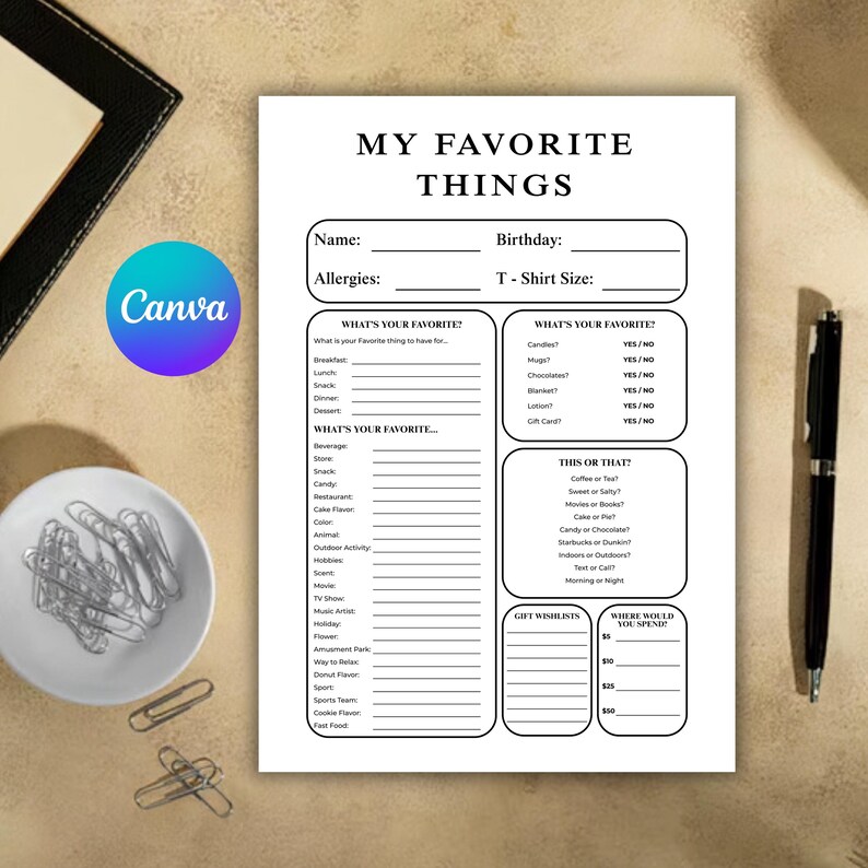 Editable Favorite Things Survey: All About Me Printable (PDF Download ...