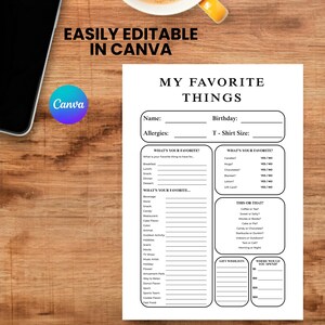 Editable Favorite Things Survey: All About Me Printable (PDF Download ...