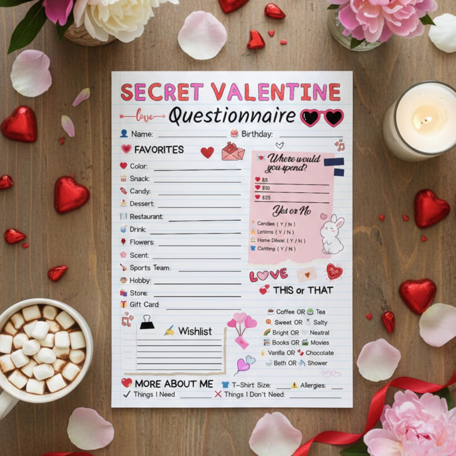 Secret Valentine Questionnaire Printable, Favorites & Wishlist Form ...