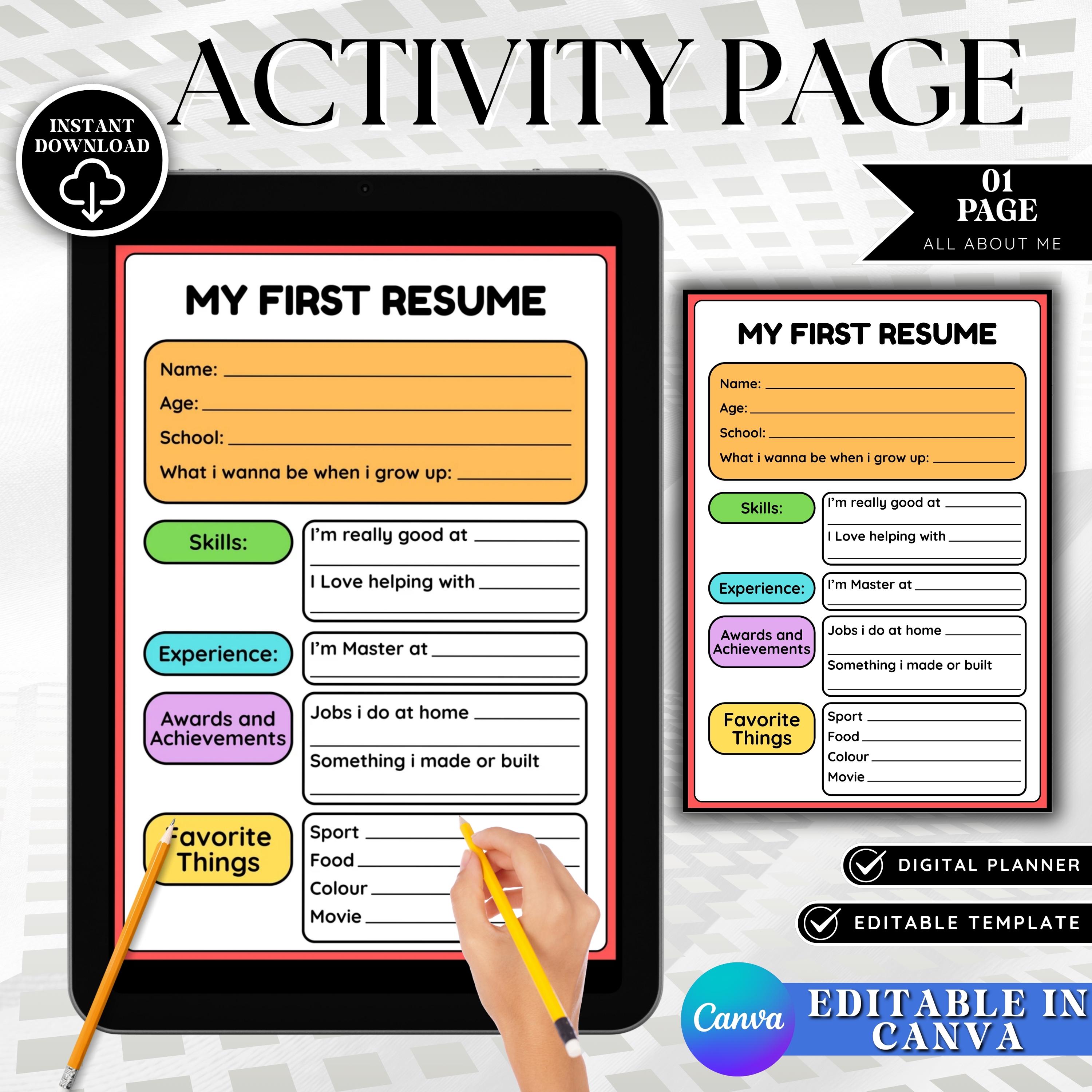 Kids' First Resume Template: Editable Canva Worksheet, Student Career ...