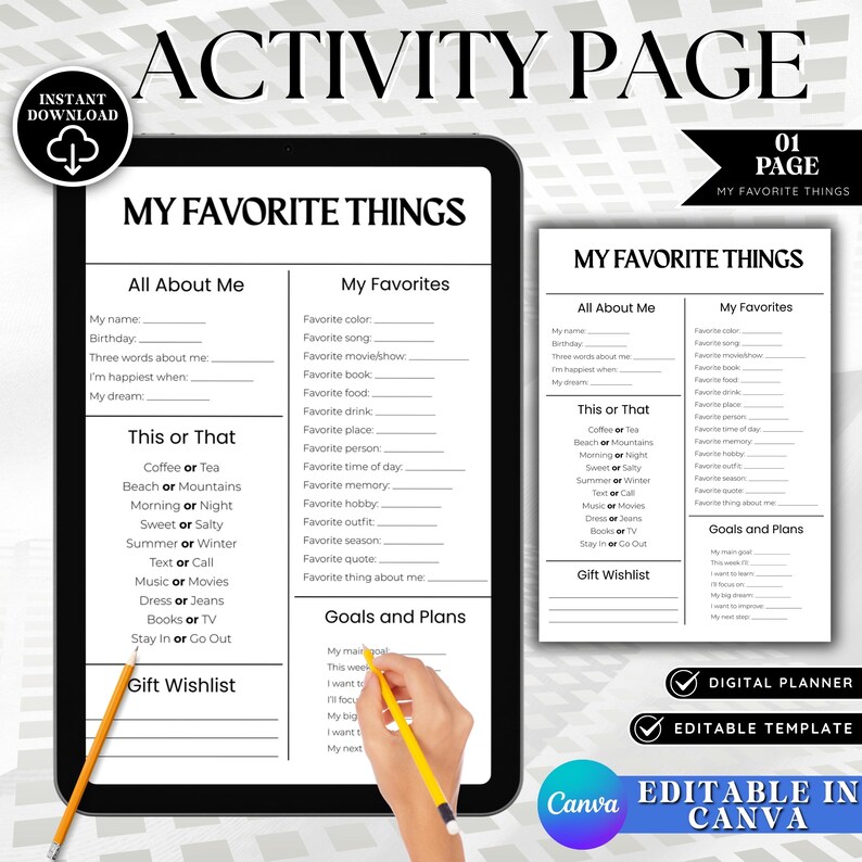 Favorite Things Survey Questionnaire Printable, Editable All About Me ...