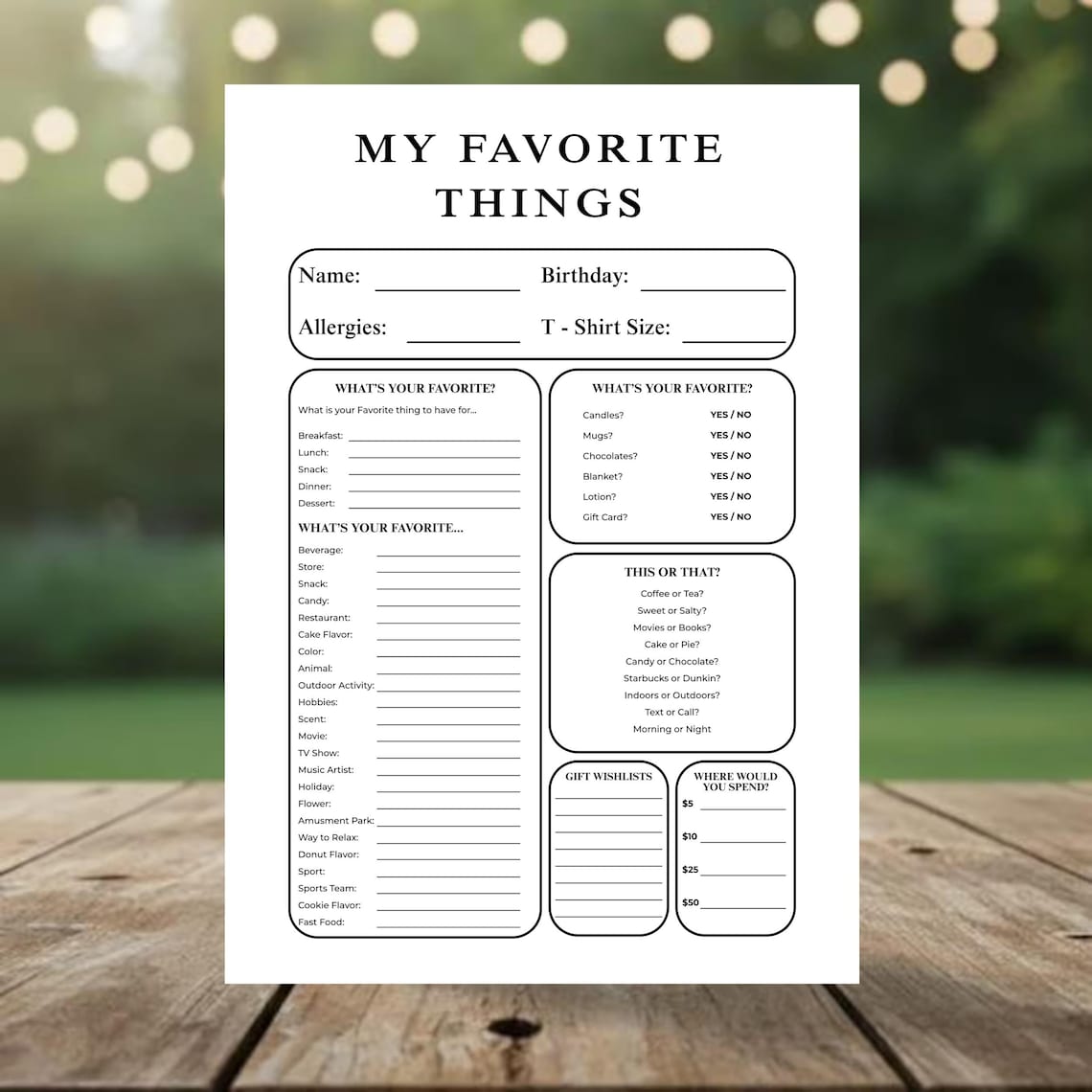 My Favorite Things Survey Printable, Employee Favorites List ...
