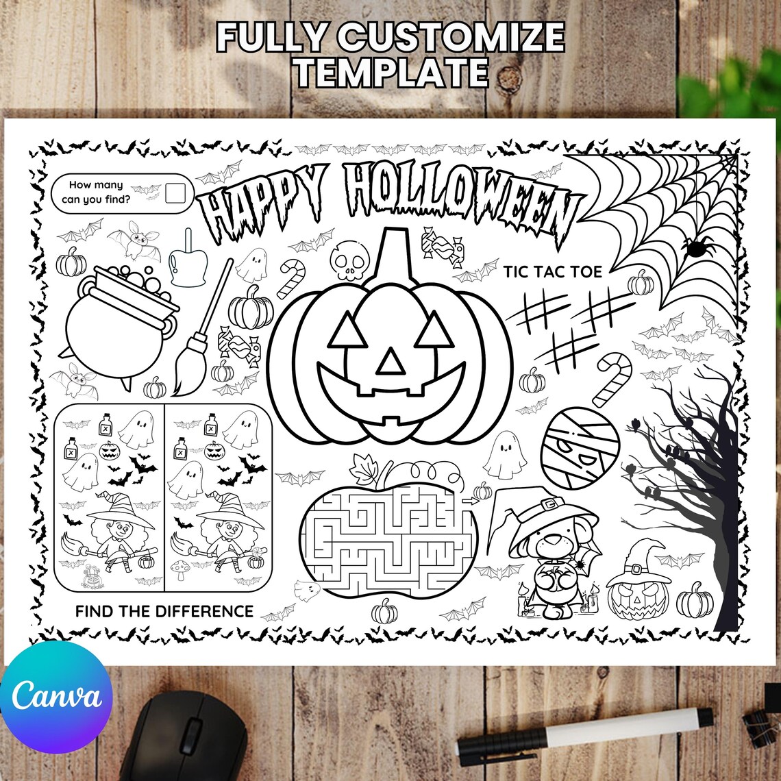 Halloween Activity Placemat for Kids – Fun Coloring Pages Editable ...