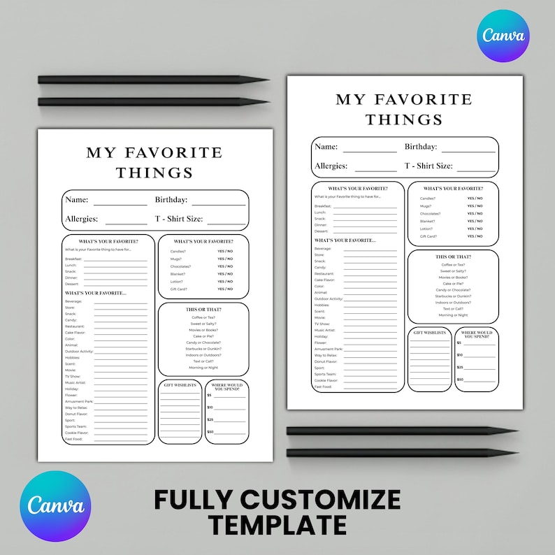 Editable Favorite Things Survey: All About Me Printable (PDF Download ...