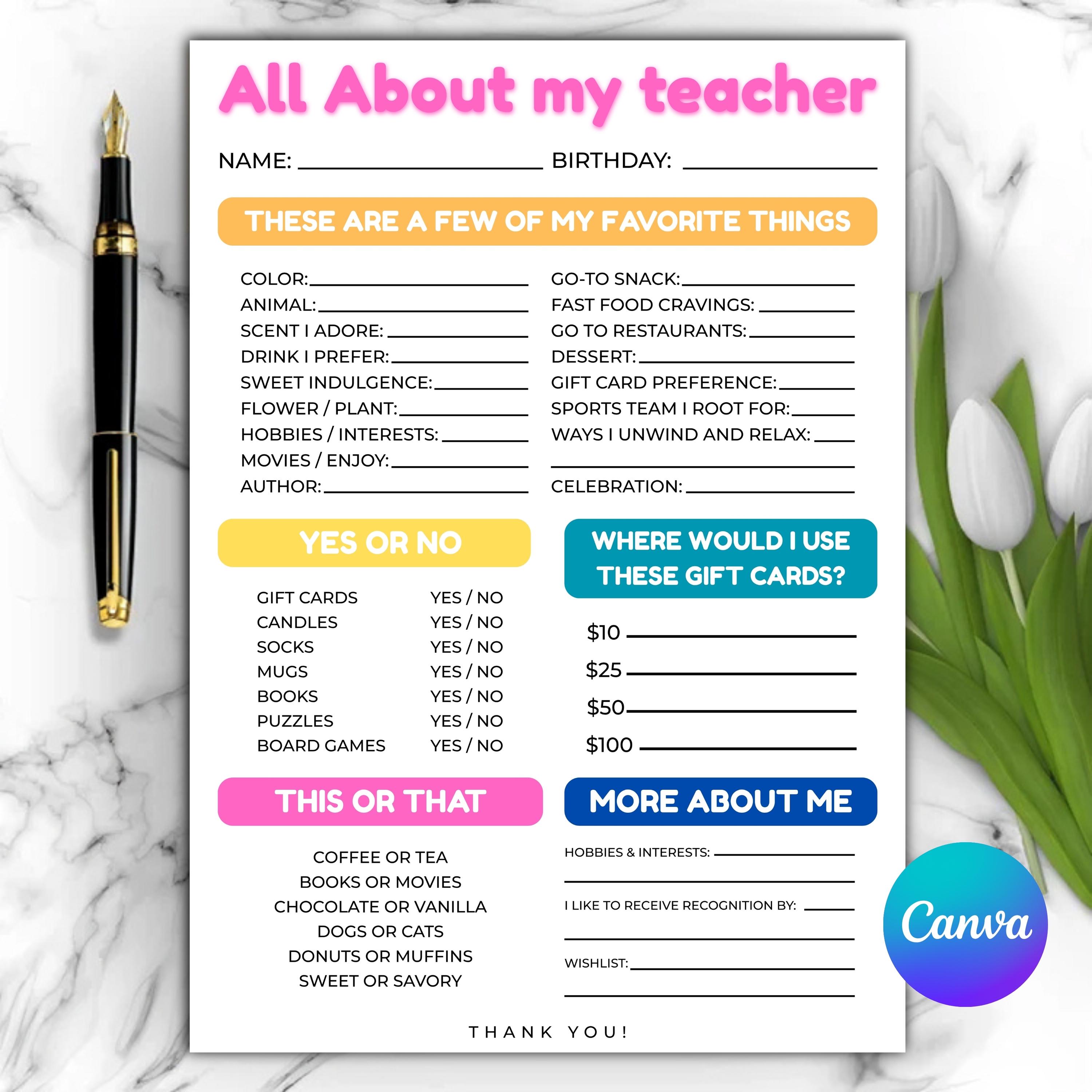 Teacher Favorites Survey Template: Printable Staff Questionnaire (PDF ...