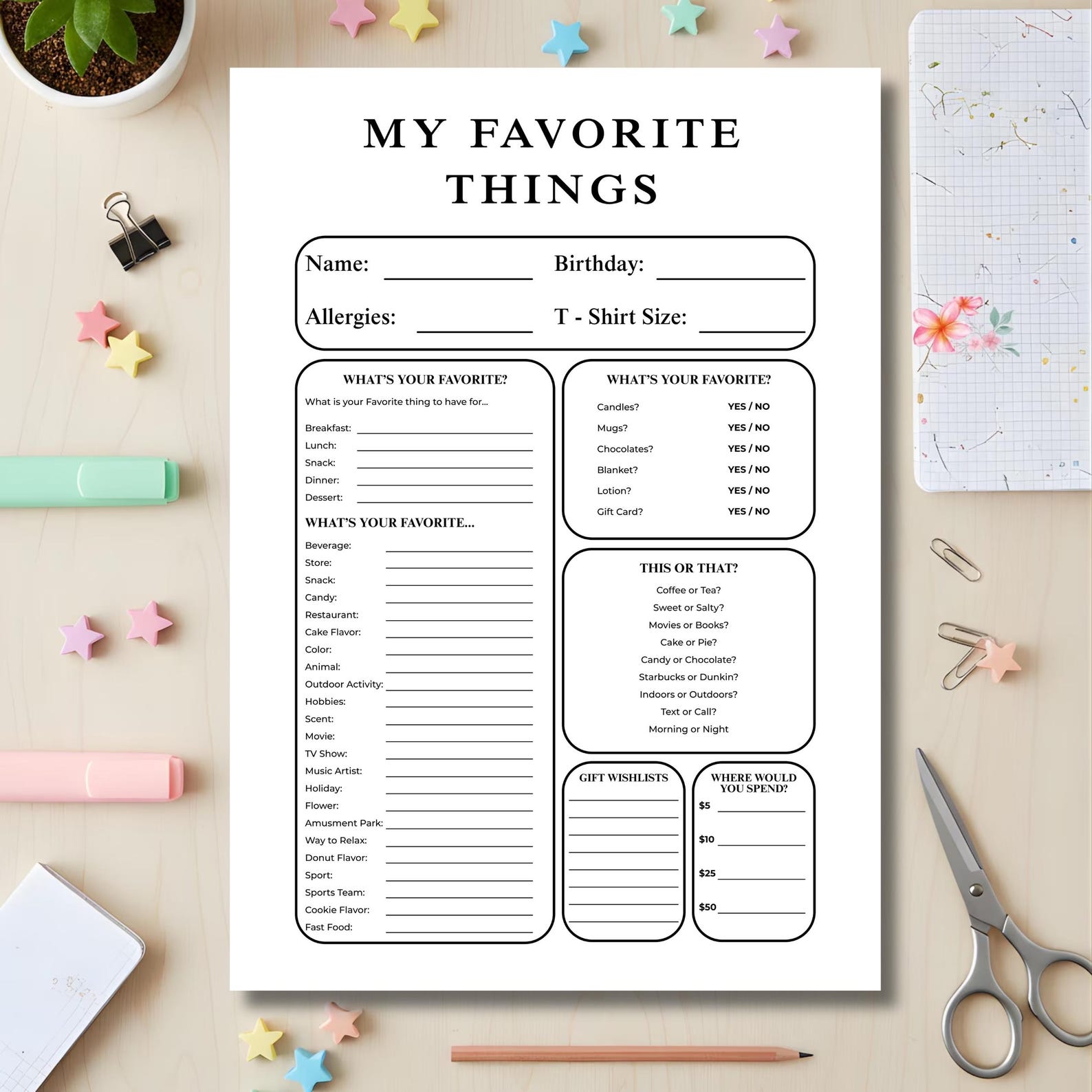 My Favorite Things Survey Printable, Employee Favorites List ...