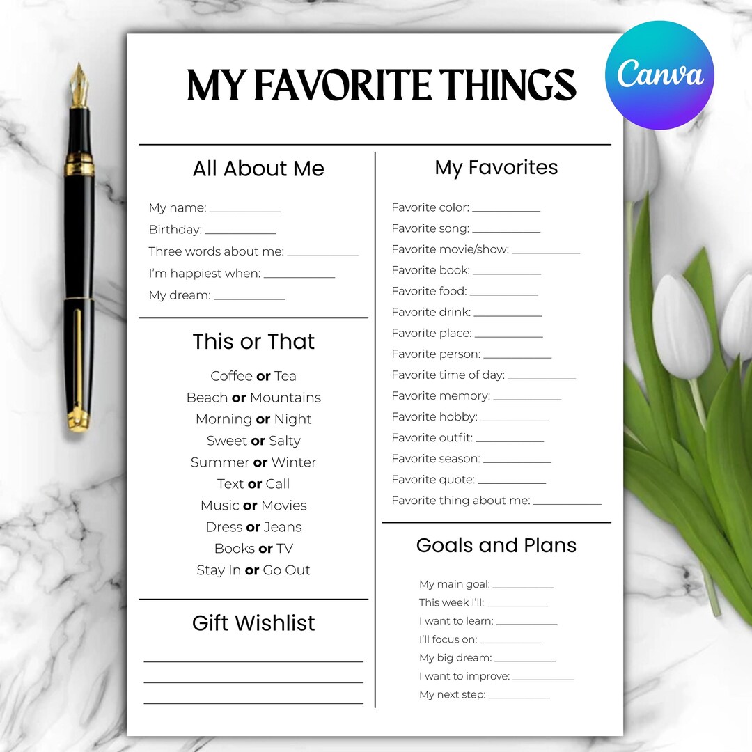 Favorite Things Survey Questionnaire Printable, Editable All About Me ...