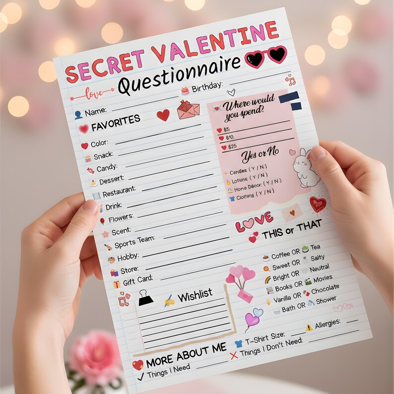 Secret Valentine Questionnaire Printable, Favorites & Wishlist Form ...