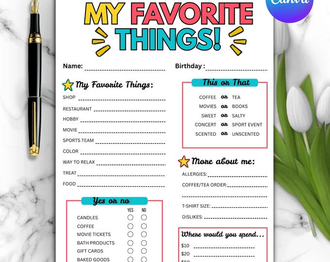 Printable Favorite Things Form - Etsy Canada