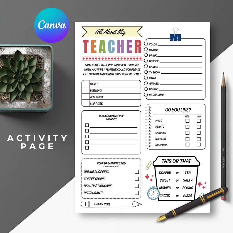 All About My Teacher Printable, Teacher Favorites Questionnaire ...
