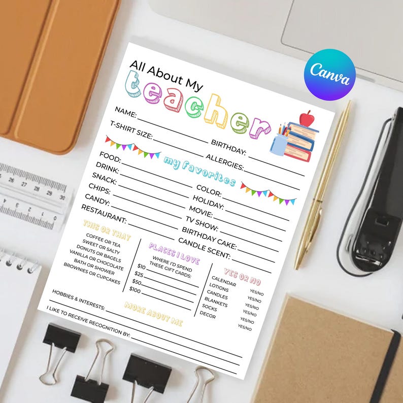 Teacher Favorites Printable Bundle: Back to School Questionnaire (PDF ...