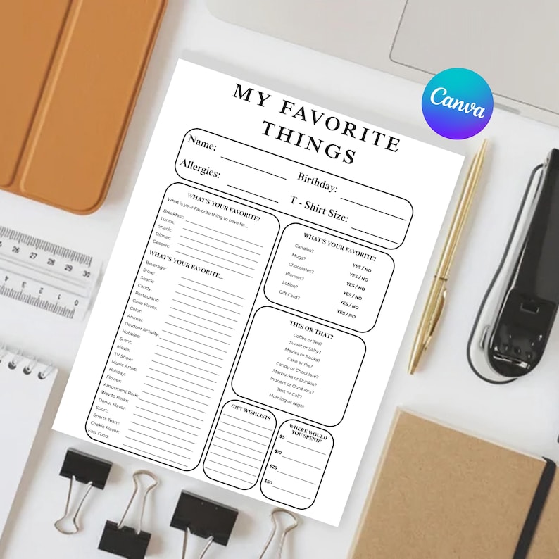 Editable Favorite Things Survey: All About Me Printable (PDF Download ...