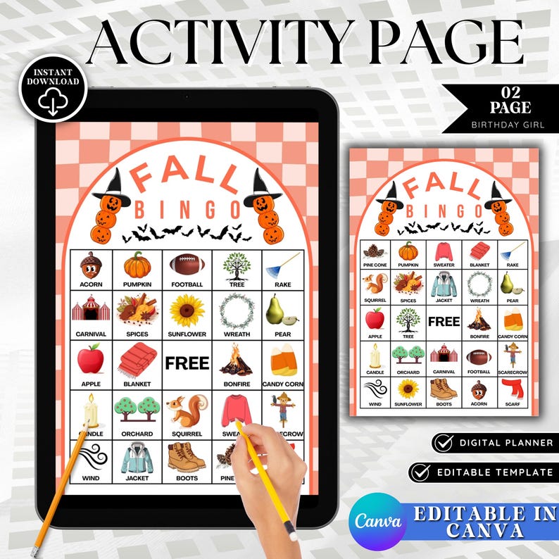 Fall Bingo Cards Printable, Autumn Bingo Party Games, 2X Editable ...