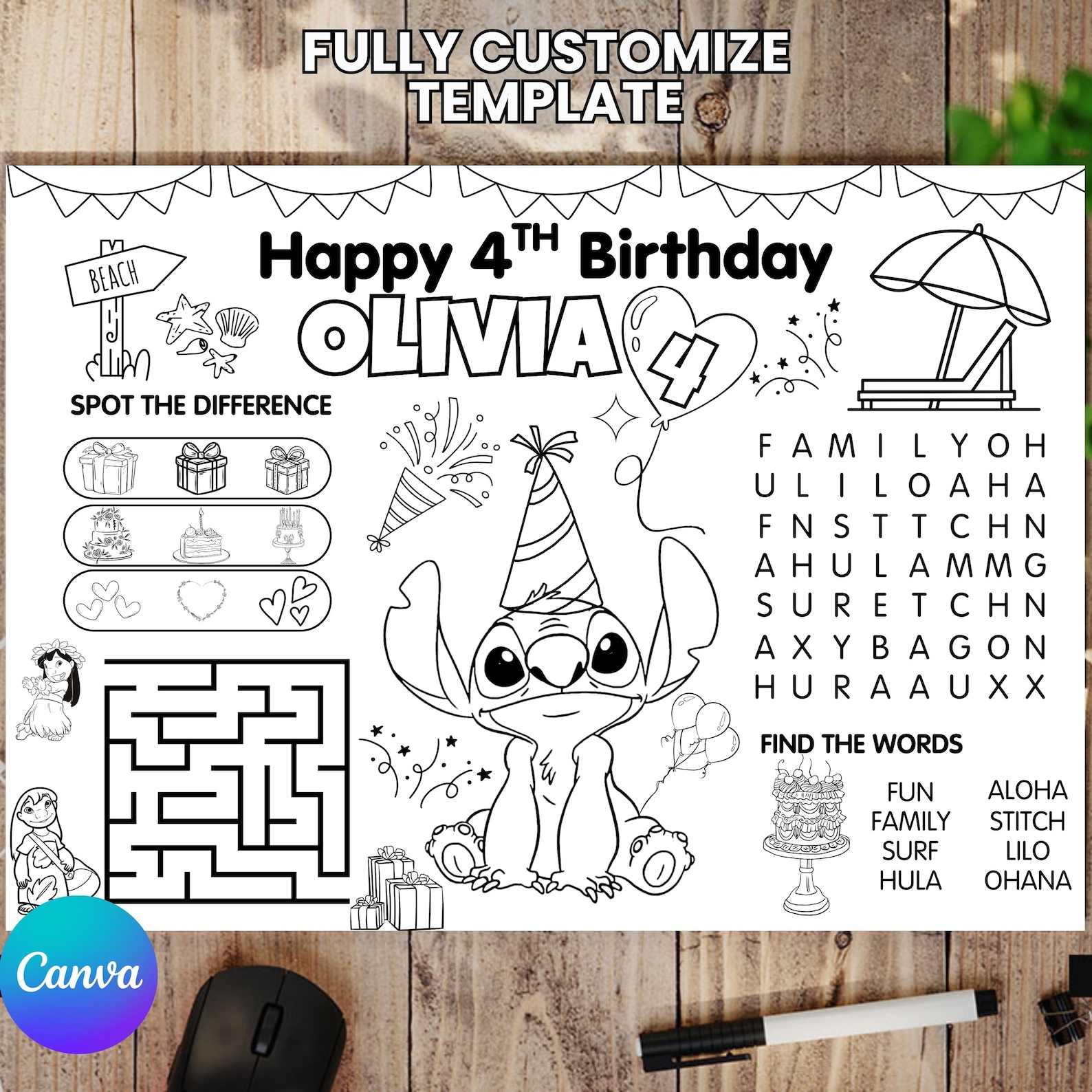 Stitch Birthday Coloring Page, Personalized Kids Activity Placemat ...