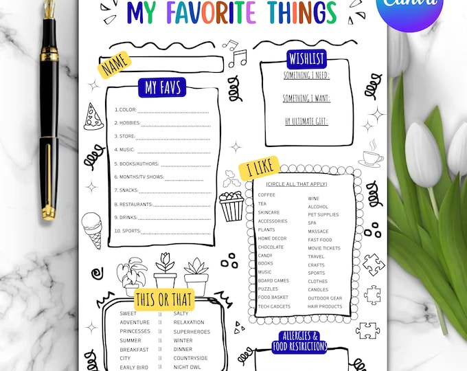 Favorite Things Survey Questionnaire Printable, Editable All About Me ...