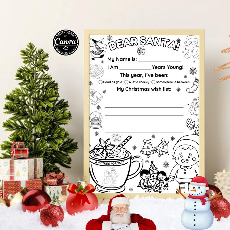 Editable Letter to Santa Coloring Page Canva Template, Printable ...