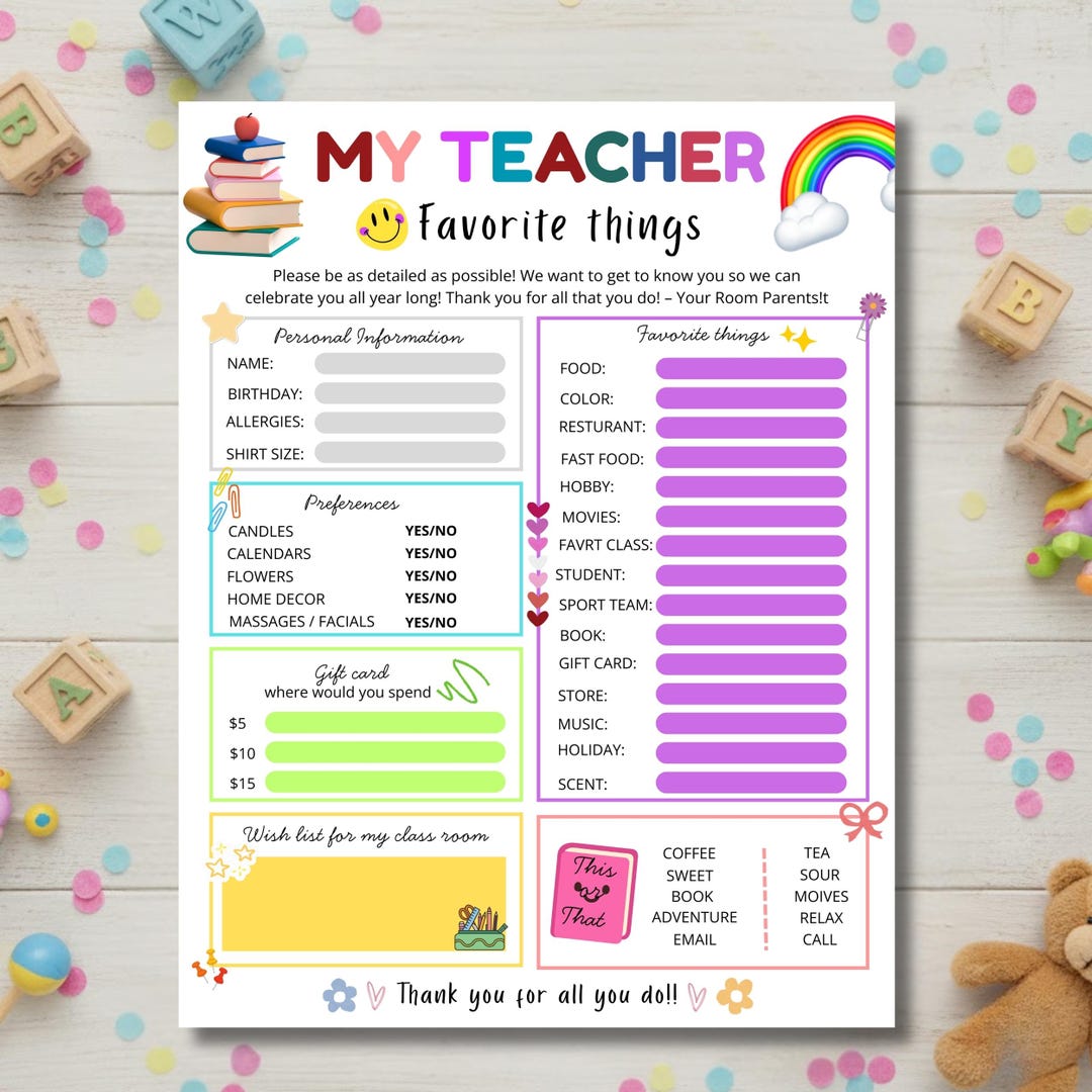 All About My Teacher Printable, Teacher Favorite Things Questionnaire ...