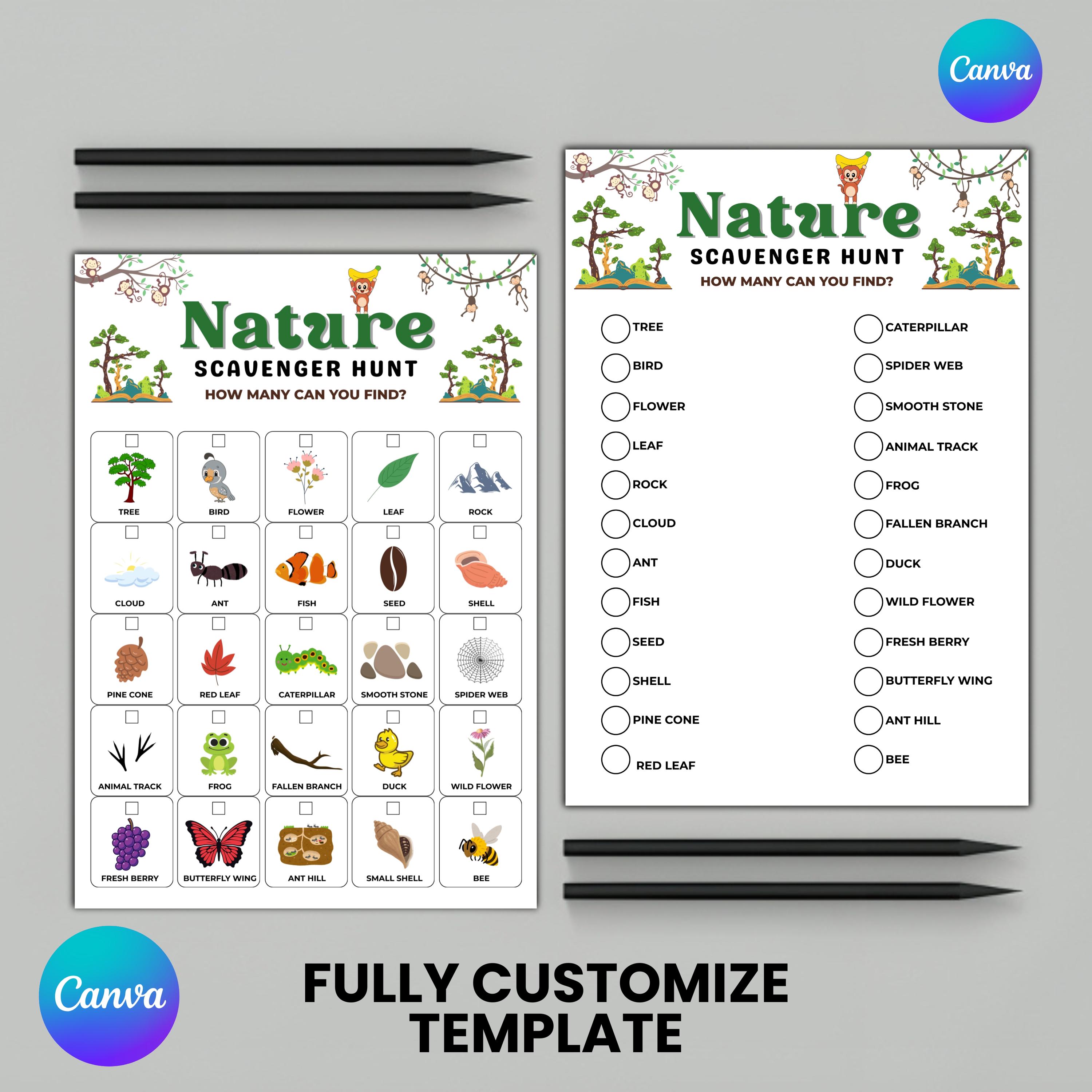 Editable Nature Scavenger Hunt Game for Kids: 2X Adventure Outdoor ...