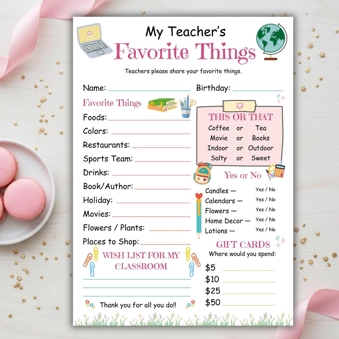Editable Teacher Favorite Things Template, Printable Teacher Survey ...