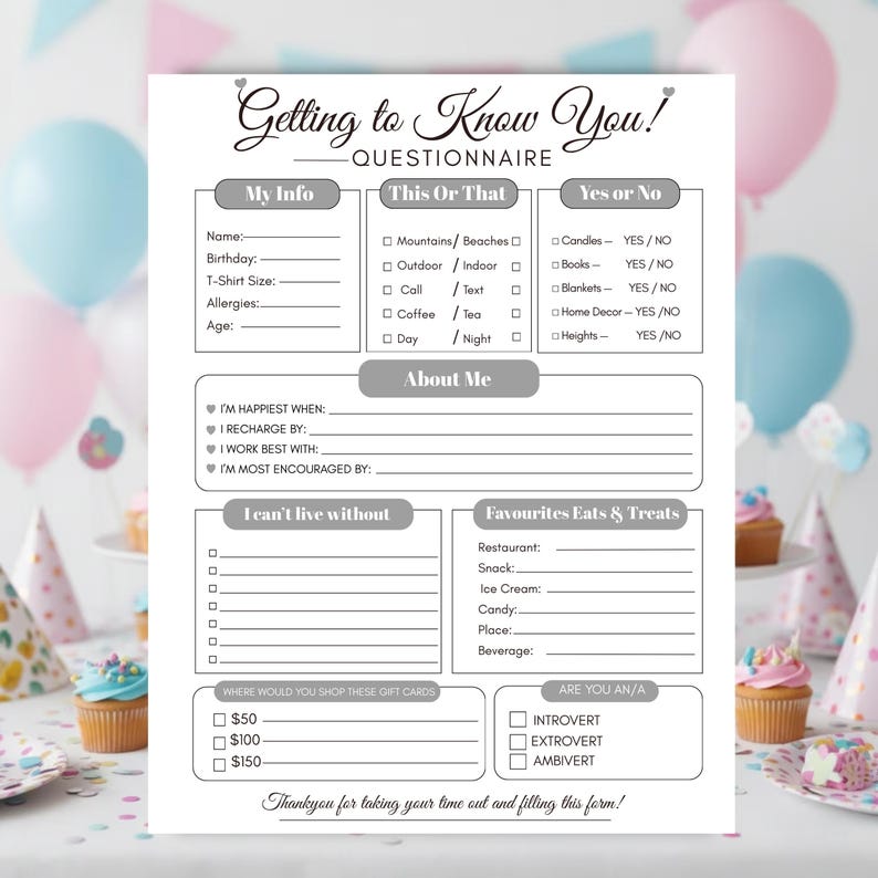 Getting to Know You Printable Coworker Questionnaire Employee Favorite ...