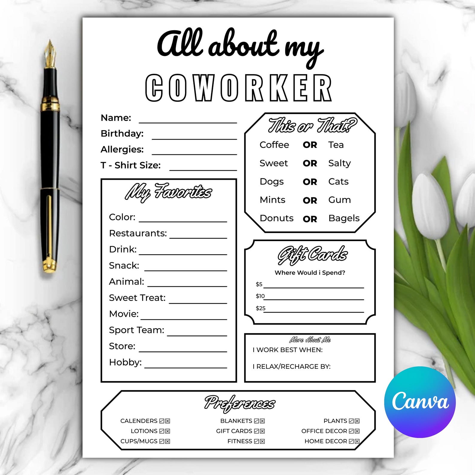 Coworker Info Sheet: Team Building Questionnaire (PDF Printable ...