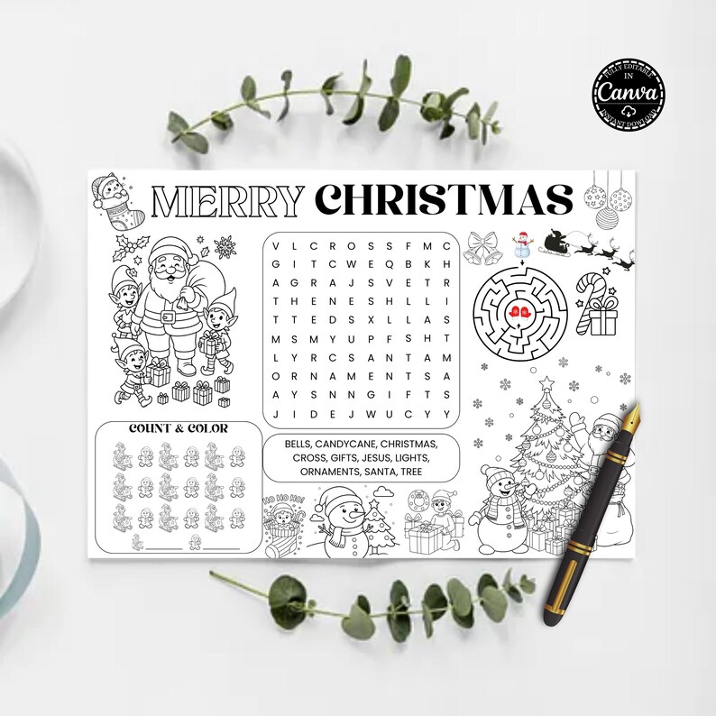 Christmas Coloring Page Template, Printable Holiday Activity Placemat ...