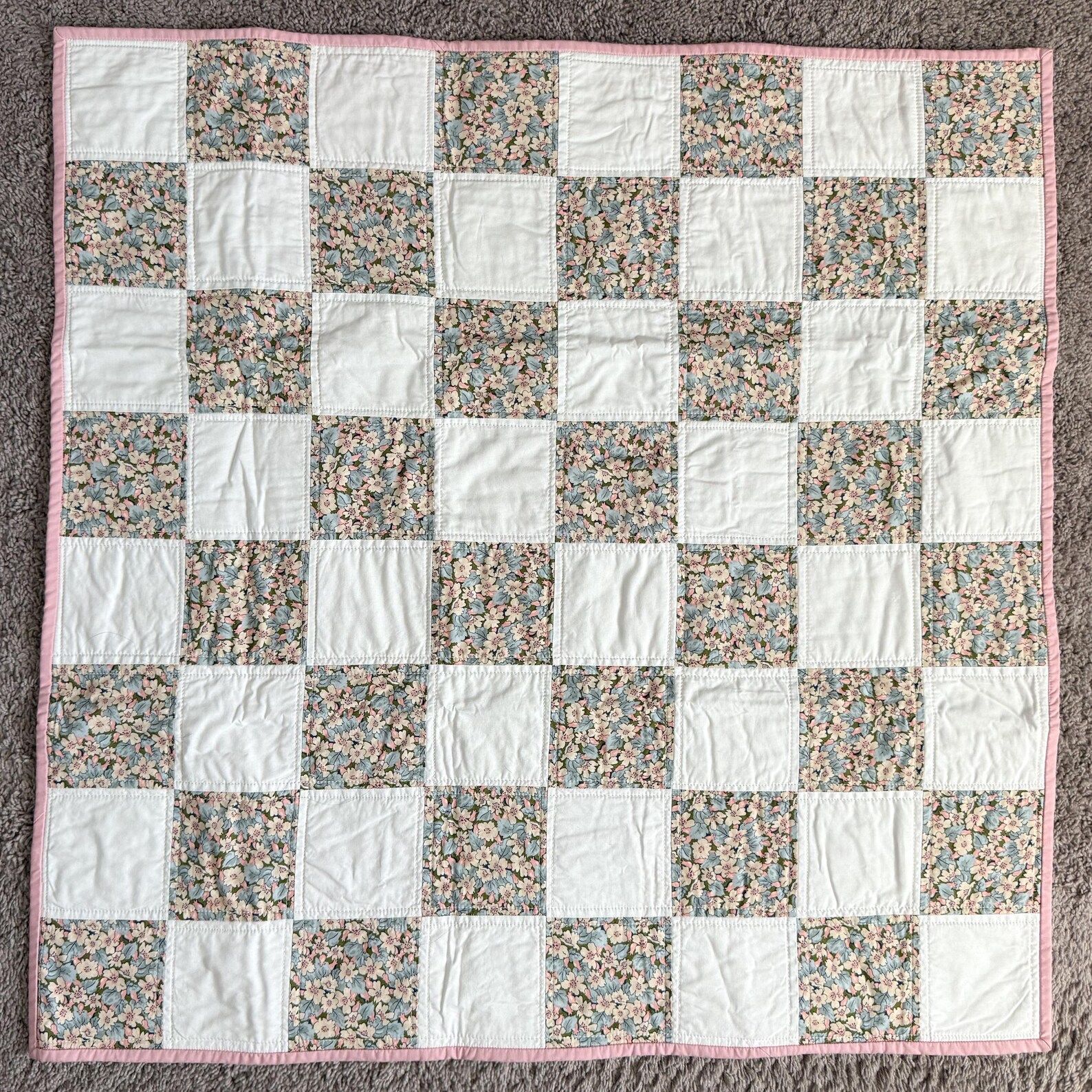 Heirloom Baby Quilt — Vintage Floral & White Handmade Patchwork 36”x36 ...