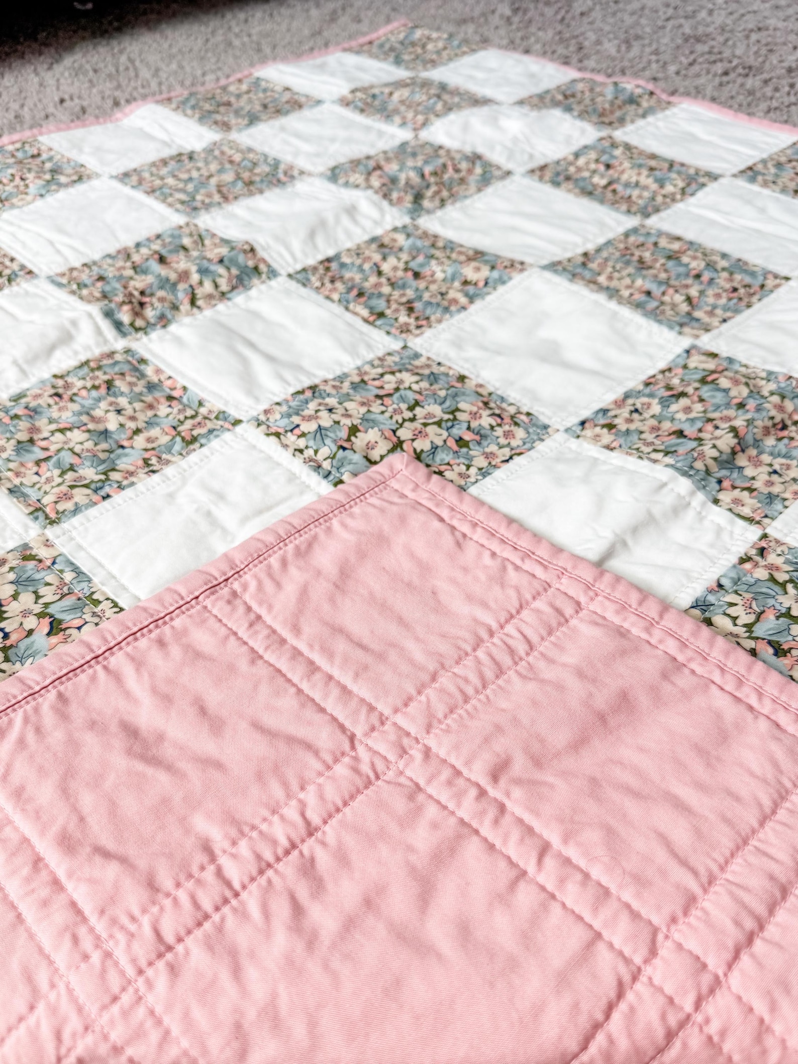 Heirloom Baby Quilt — Vintage Floral & White Handmade Patchwork 36”x36 ...