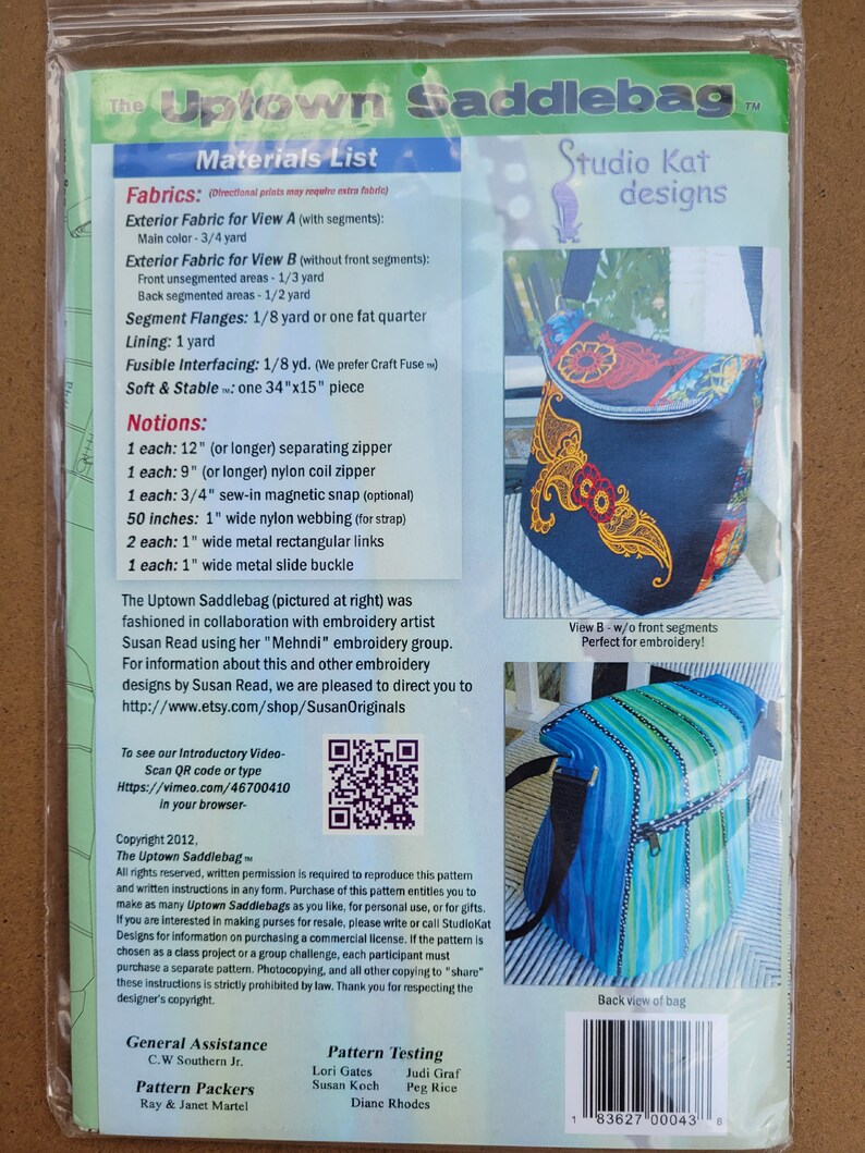 Studio Kat Designs Bag Patterns: UNCUT Uptown Saddlebag Pattern, CUT ...